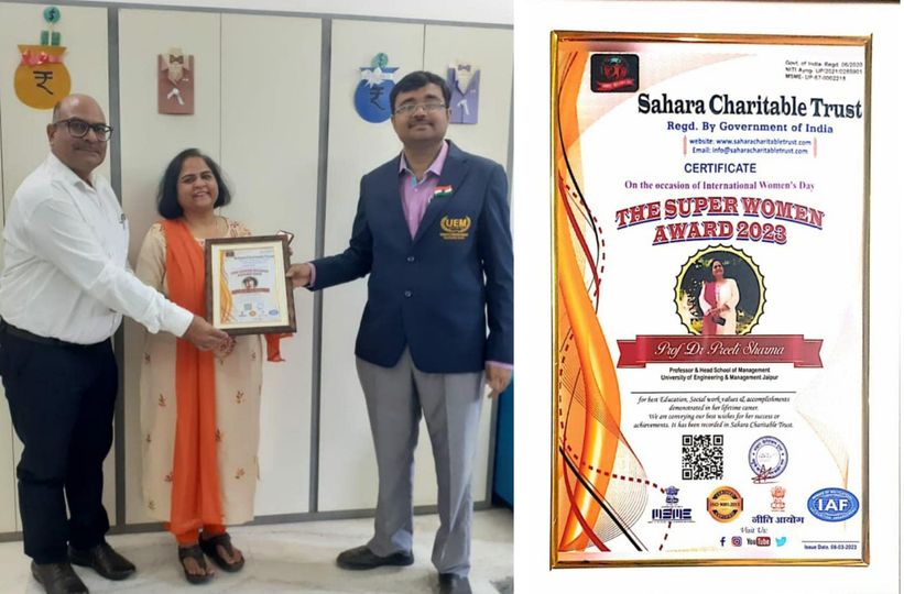 Sahara Charitable Trust conferred the Super Women Award on Prof. (Dr.) Preeti Sharma, Professor ...